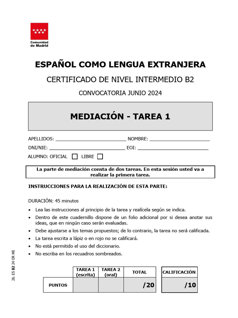 Español Como Lengua Extranjera: Certificado de Nivel Intermedio B2 ...