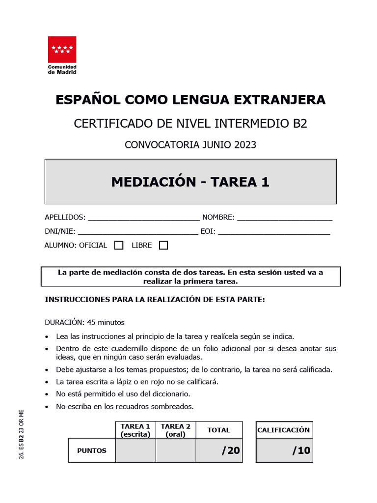 Español Como Lengua Extranjera: Certificado de Nivel Intermedio B2 | PDF