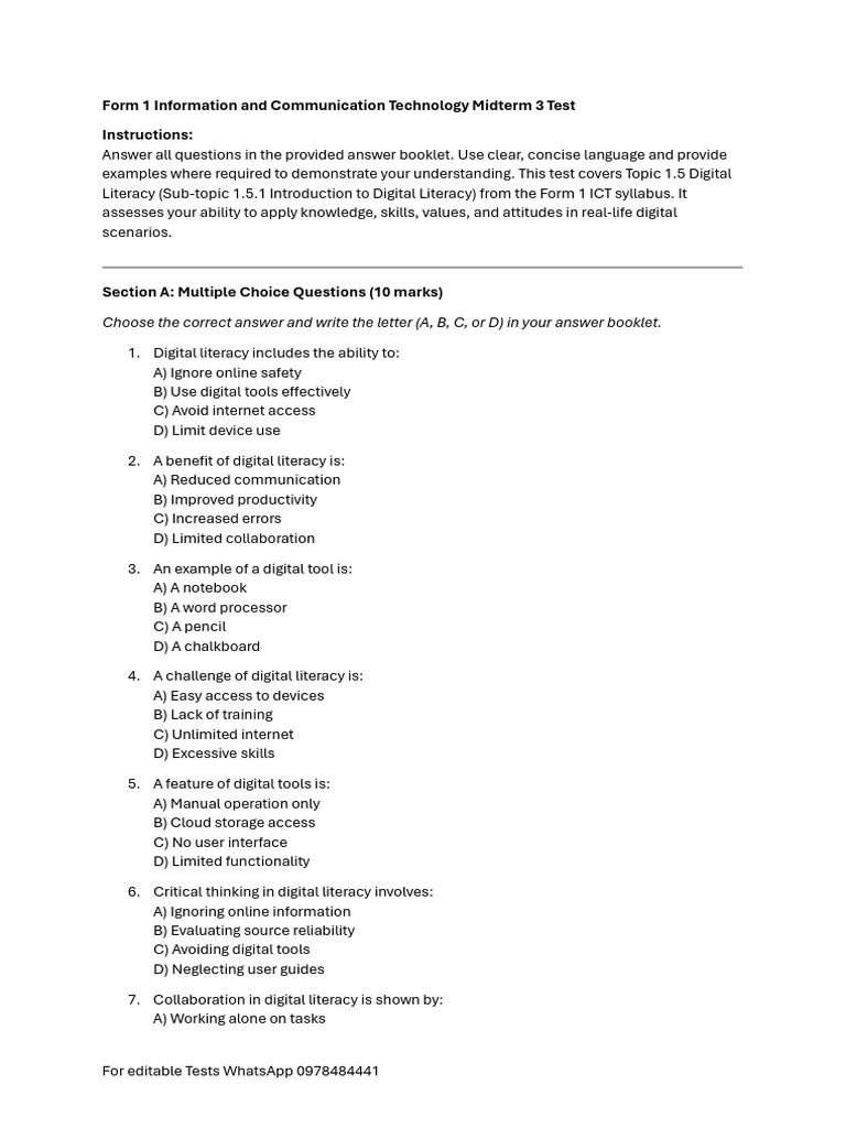 Form 1 ICT Midterm Test on Digital Literacy | PDF | Literacy ...