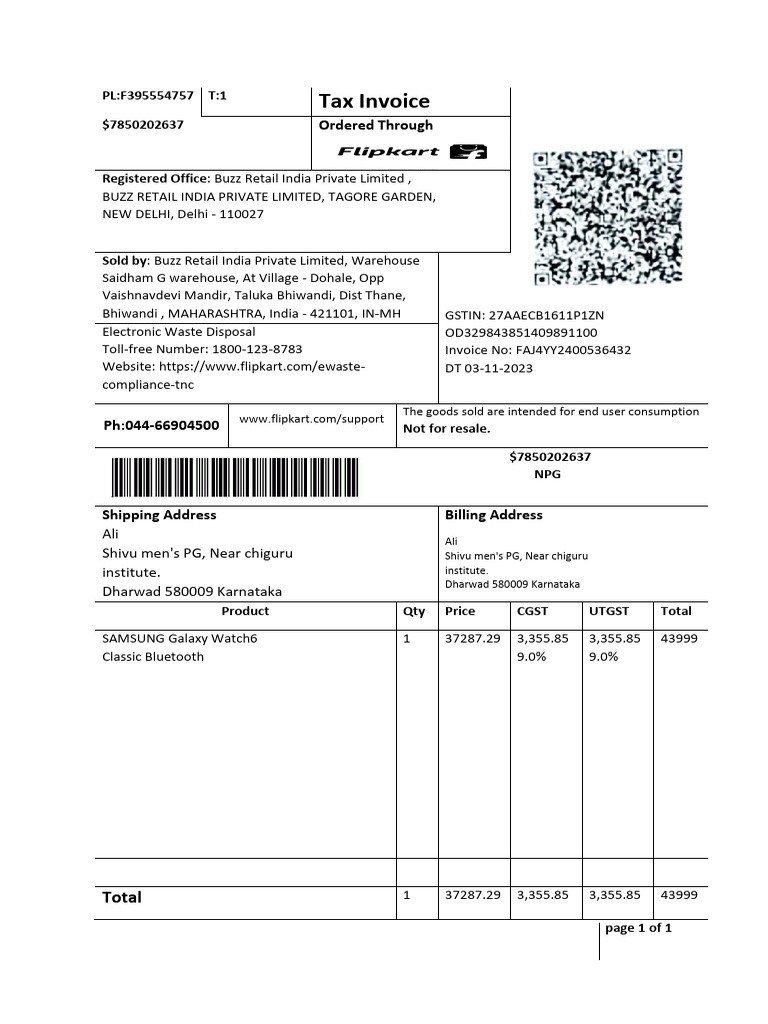 Tax Invoice for Samsung Galaxy Watch6 | PDF