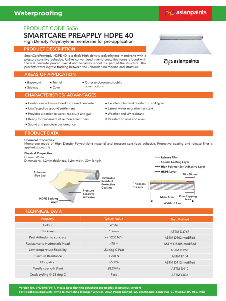 SmartCare PreApply HDPE 40 Waterproofing Membrane | PDF | Concrete ...