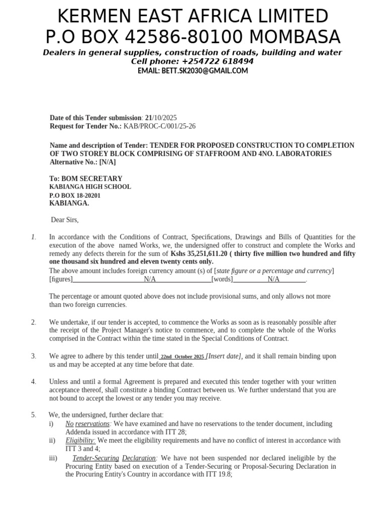 Tender for Two-Storey Block Construction | PDF
