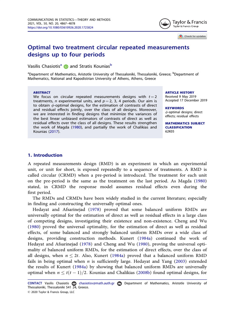 (2021) Optimal Two Treatment Circular Repeated Measurements Designs Up ...