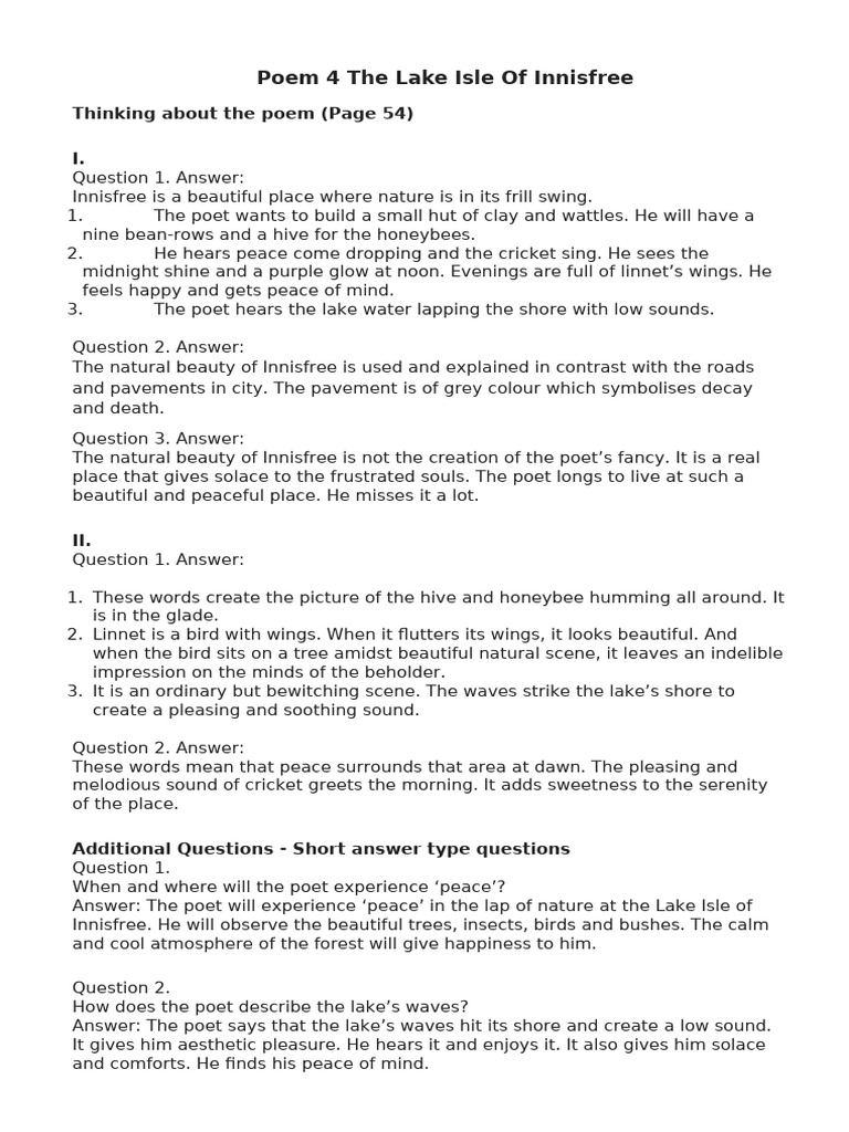 Poem 4 The Lake Isle of Innisfree | PDF | Poetry