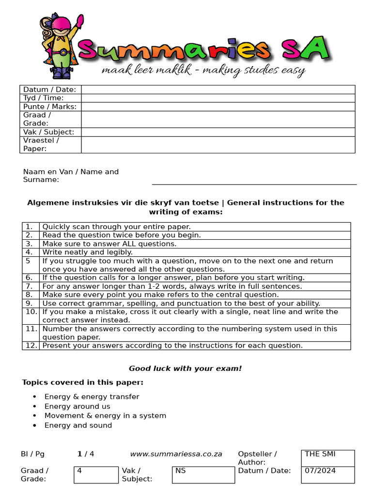 Exam Writing Instructions for Grade 4 NS | PDF