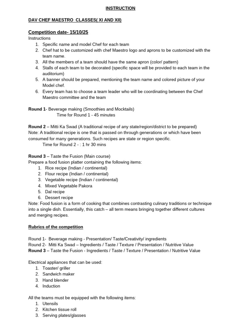 Chef Maestro Classes XI and XII Instructions | PDF