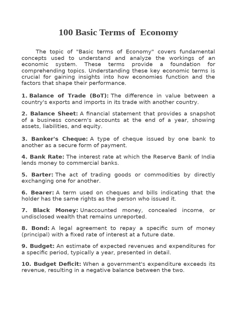 100 Essential Economic Terms Explained | PDF | Money | Gross Domestic ...