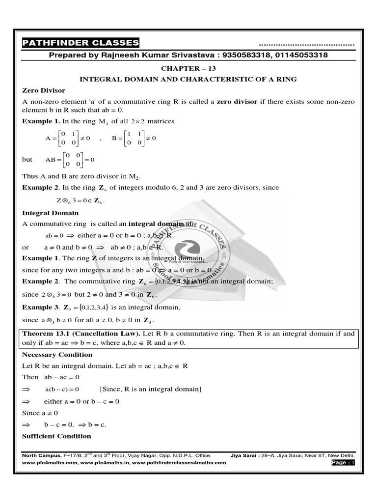 Algebra Chap-13 (Integral Domain and Characterstic Ring) | PDF | Ring ...