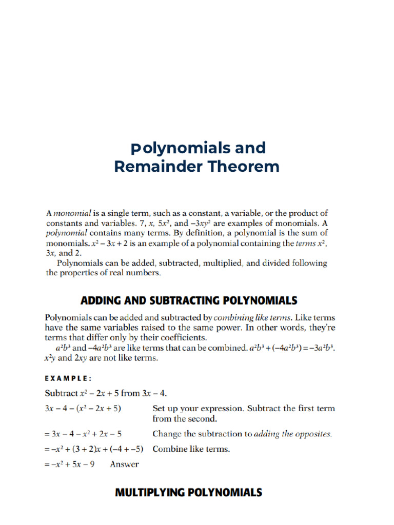 Polynomials and Remainder Theorem Guide | PDF