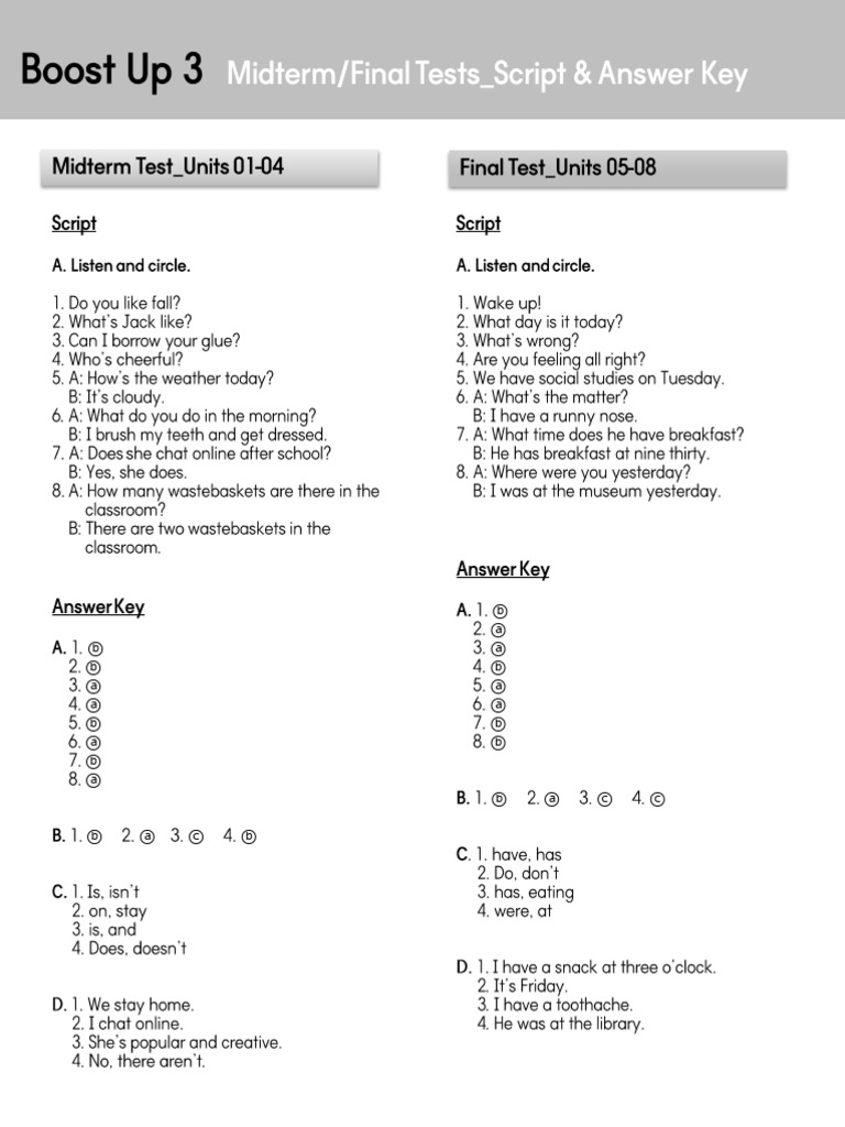 BU3 - Test Script & Answer Key - Midterm and Final Tests | PDF