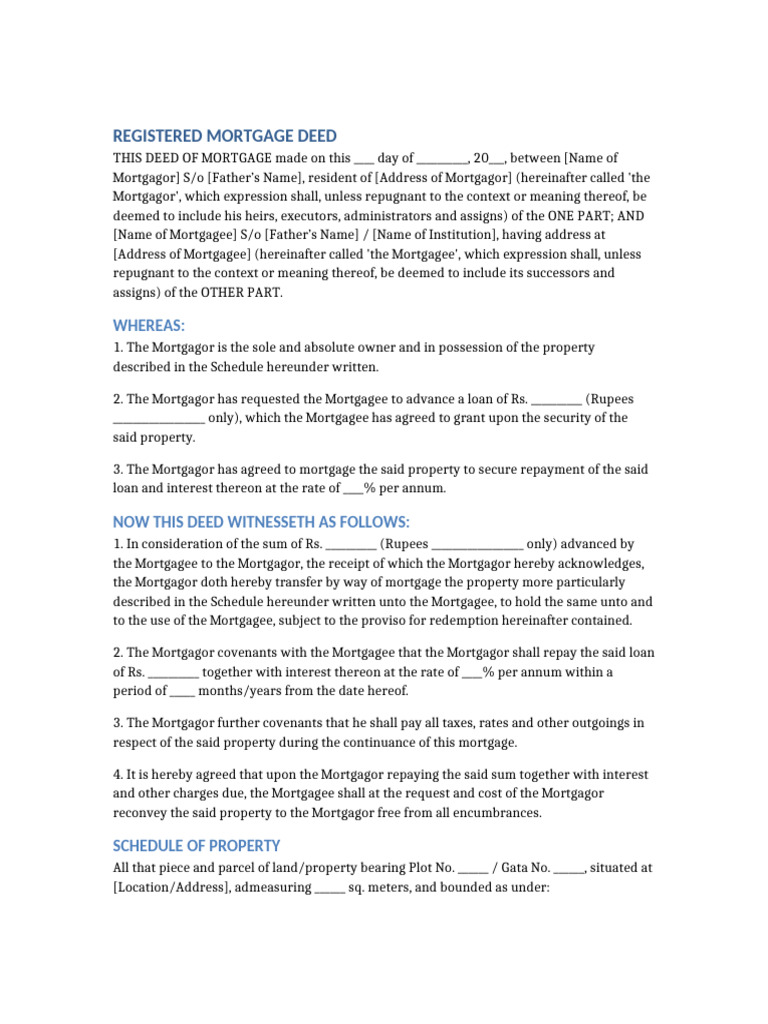 Registered Mortgage Deed Template | PDF | Mortgage Law | Financial Services