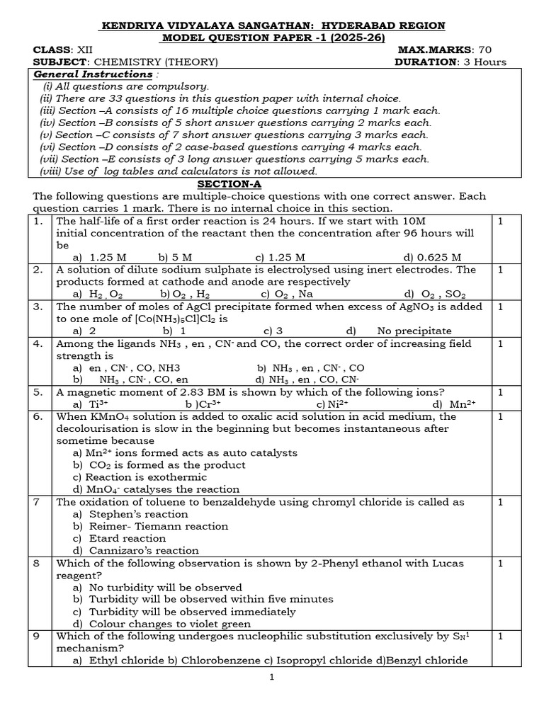 Class XII Chemistry Model Paper 2025-26 | PDF | Chemical Reactions | Amine