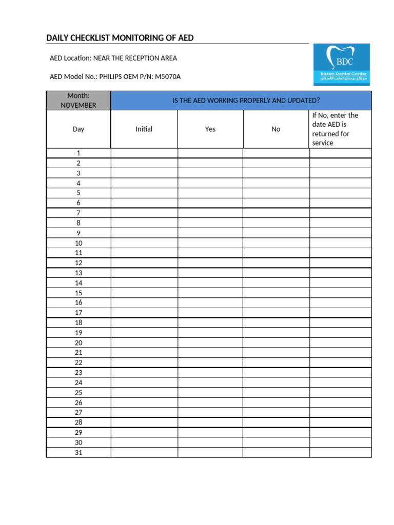 AED Daily Inspection Checklist | PDF