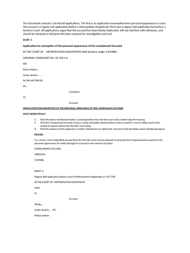 The Document Contrains 3 Draft Bail Applications | PDF | Bail | Magistrate