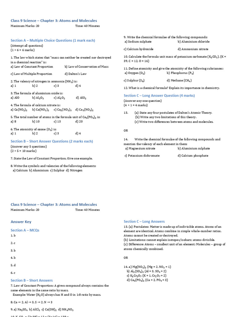 Class 9 Science: Atoms and Molecules Quiz | PDF | Chemical Compounds ...