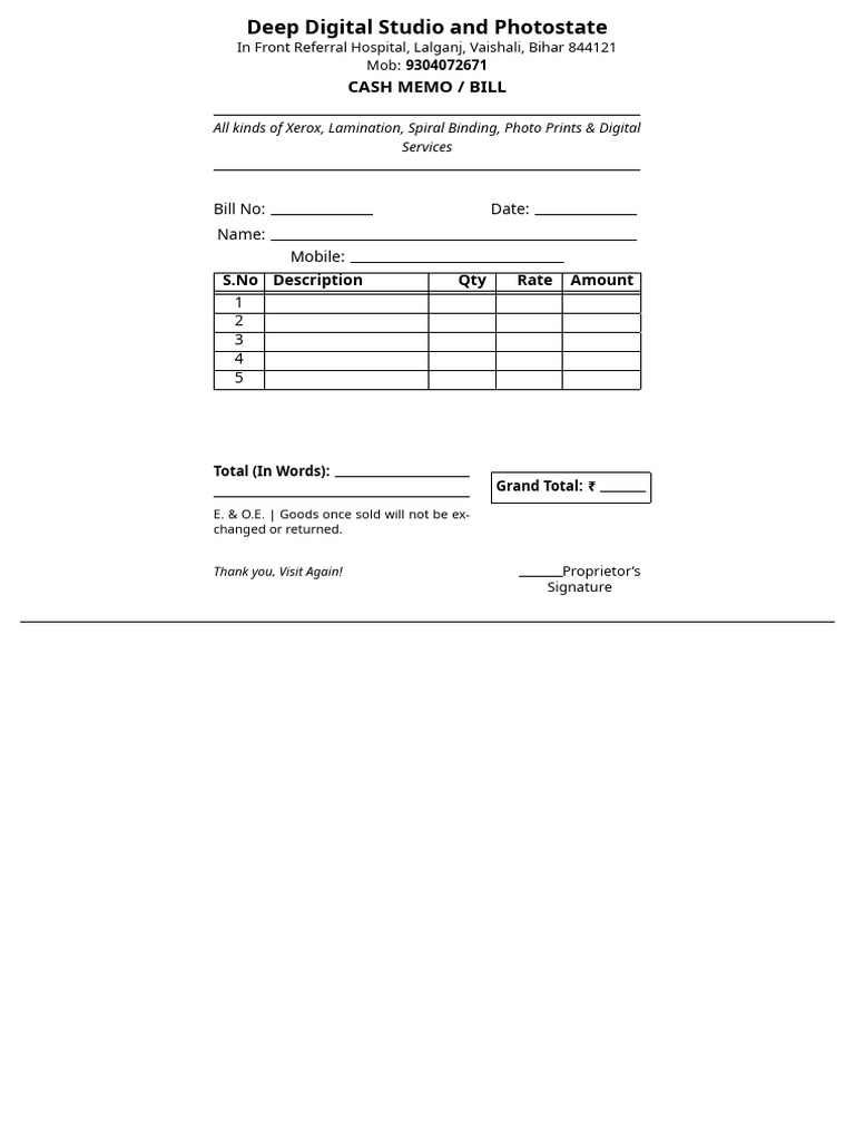 Deep Digital Studio Bill Book | PDF