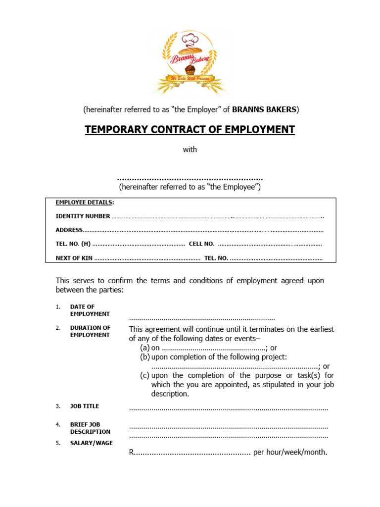 Branns Bakers Temporary Employee Contract Sample | PDF | Employment ...