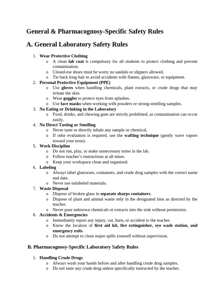 Laboratory Safety Rules for Pharmacognosy | PDF | Personal Protective ...