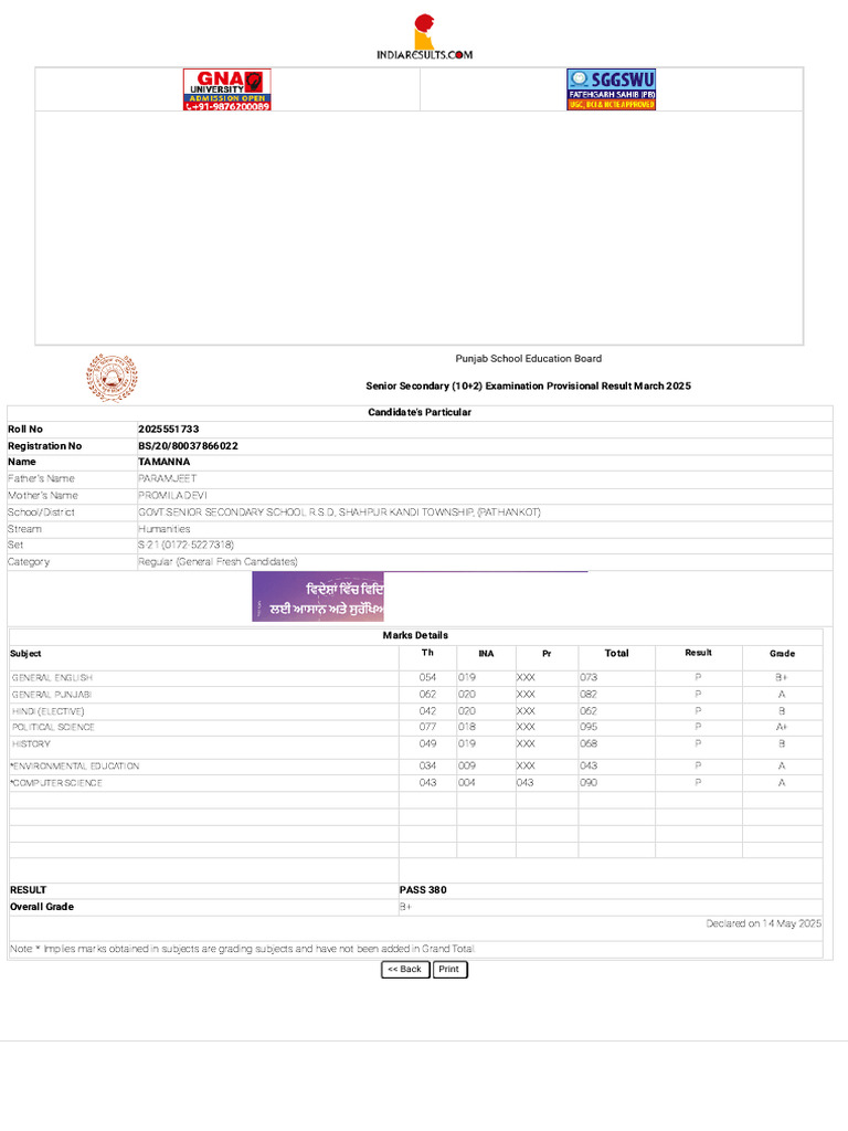 Punjab 2025 Senior Secondary Results | PDF
