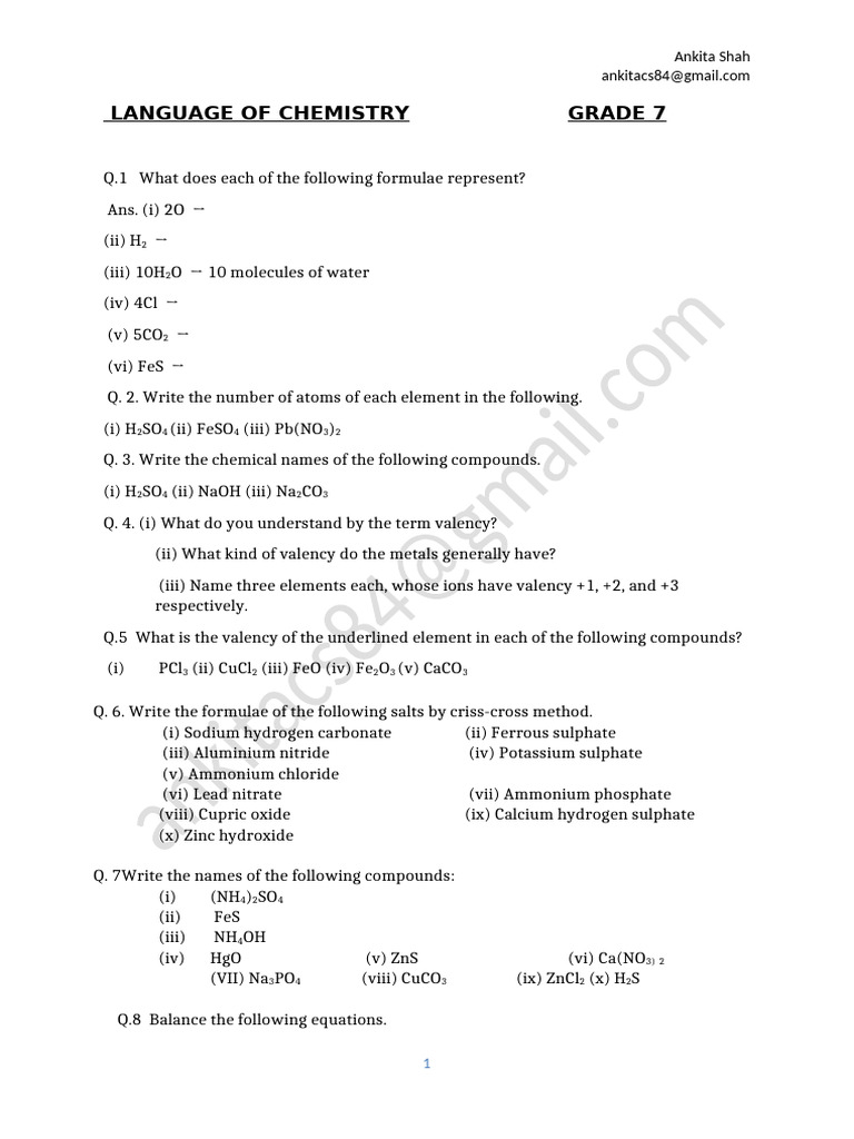 Grade 7 Chemistry Worksheet Answers | PDF | Atoms | Chemical Compounds