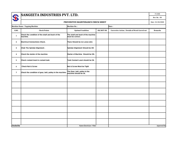 Tapping Machine Maintenance Checklist | PDF