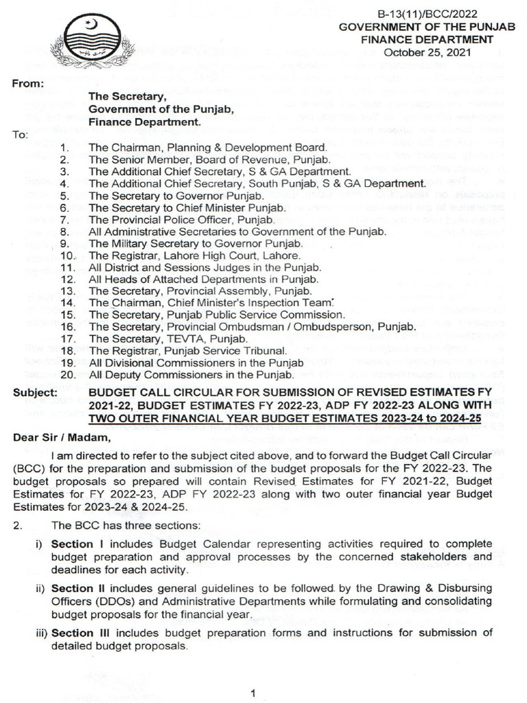 Punjab Budget Call Circular FY 2022-23 | PDF | Budget | Fiscal Year