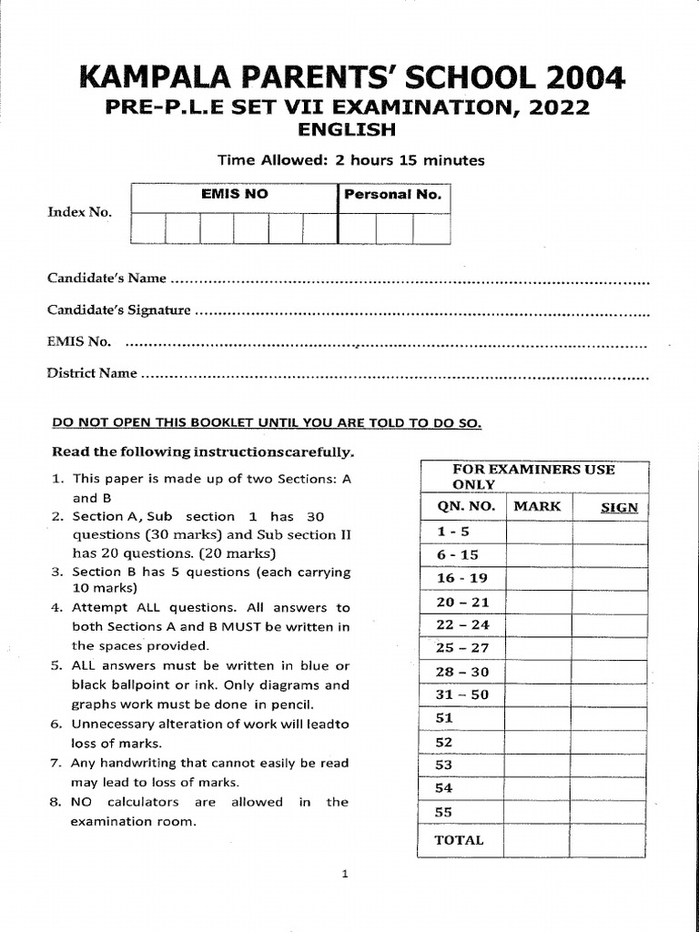 p7 English Pre-Ple Set 7 Examinations 2022 Kampala Parent's School | PDF