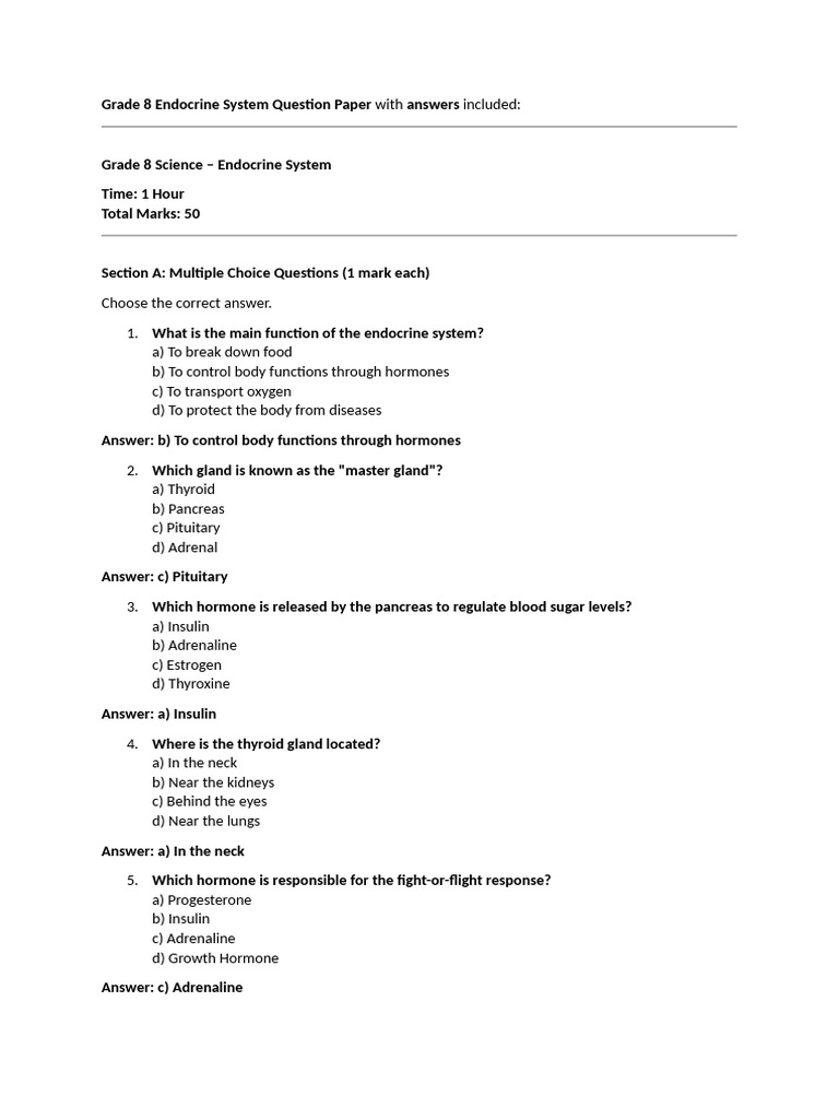 Grade 8 Endocrine System Q&A Guide | PDF | Endocrine System | Hormone