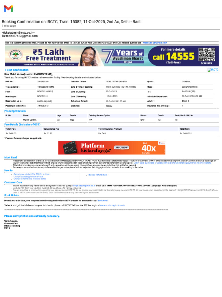 Gmail - Booking Confirmation On IRCTC, Train - 15082, 04-Jun-2025, 2S ...