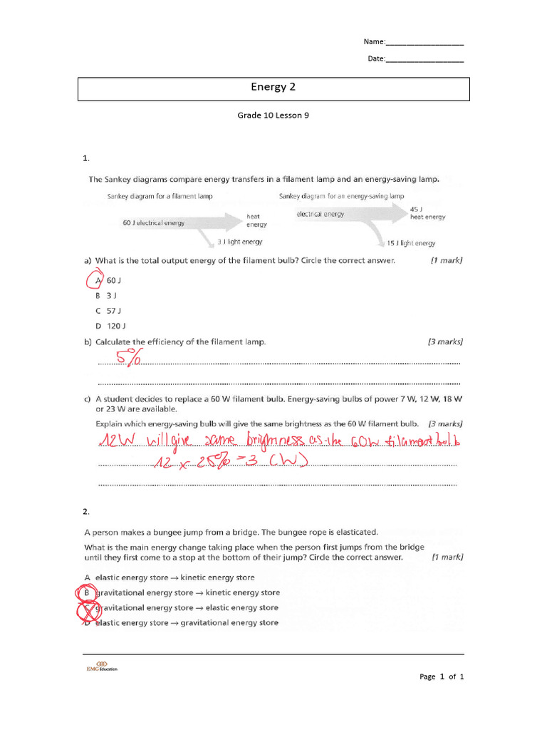 G10 Physics L10 Energy 2 HW | PDF
