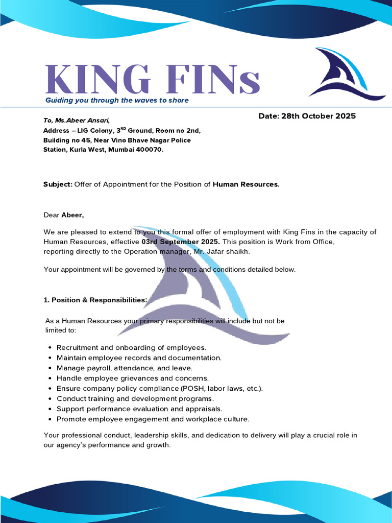 Abeer Ansari Offer Letter | PDF | Employment | Sexual Harassment