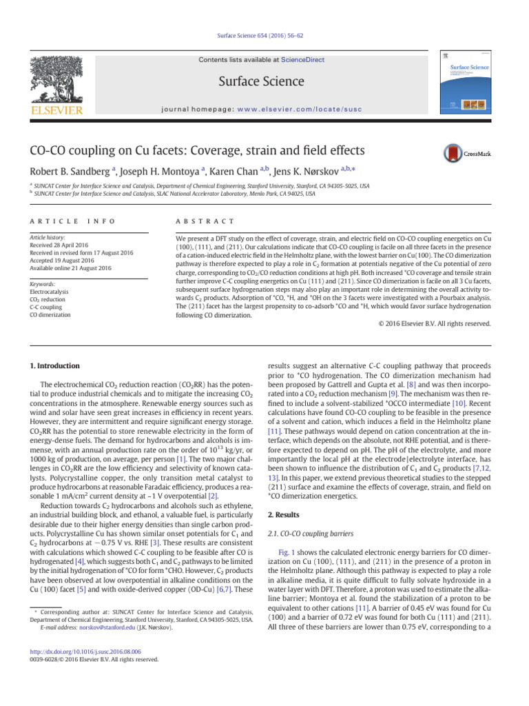 CO-CO Coupling on Cu Facets Study | PDF | Adsorption | Electrochemistry