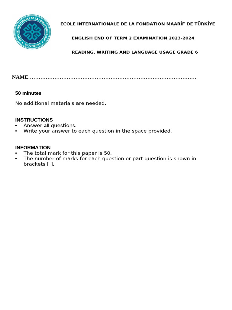 Grade 6 English Exam 2023-2024 | PDF