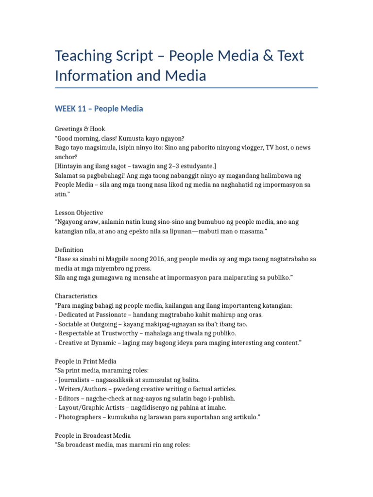 Teaching Script PeopleMedia Text | PDF