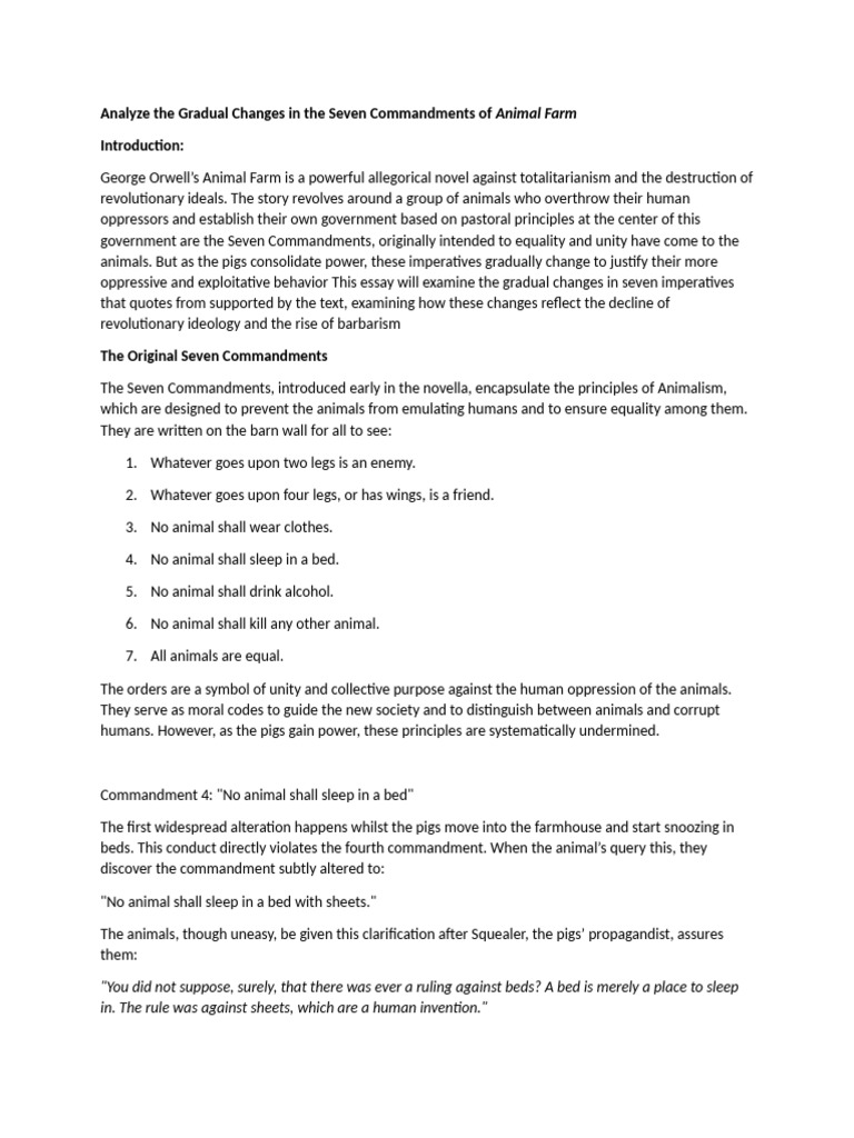 Analyze The Gradual Changes in The Seven Commandments of Animal Farm | PDF