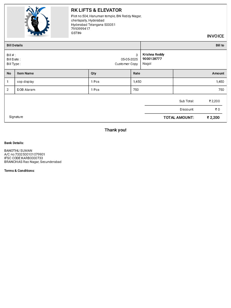 RK Lifts & Elevator - 3 - Billbook | PDF