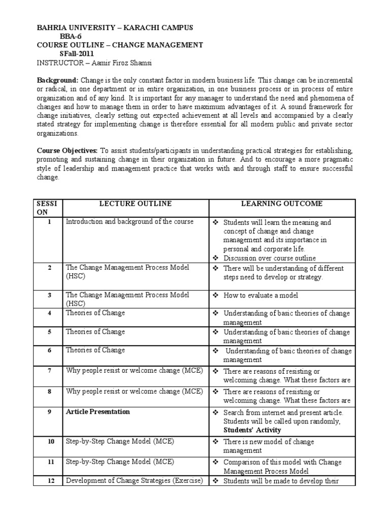 Change Management Course Outline | PDF | Change Management | Strategic ...