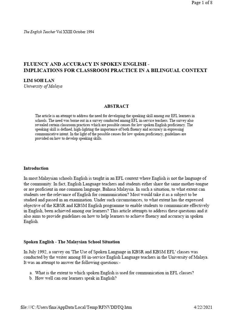 Fluency and Accuracy in Spoken English | PDF | English As A Second Or Foreign Language | Second ...