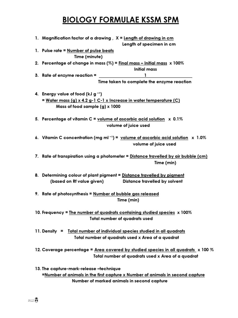 Essential Biology Formulas for KSSM SPM | PDF