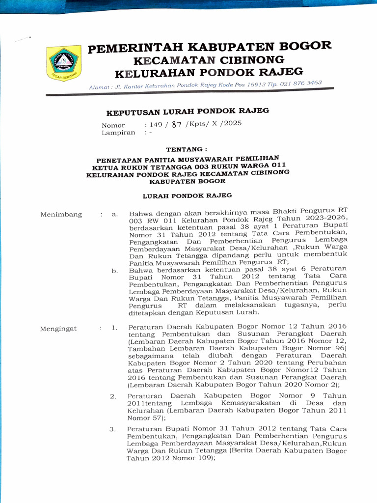 Skep Panitia Pemilihan Ketua RT | PDF