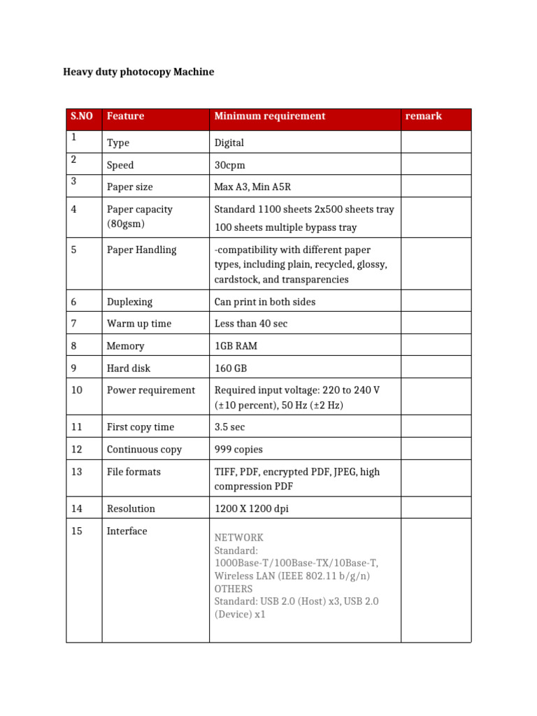 Heavy Duty Photocopier Specifications | PDF