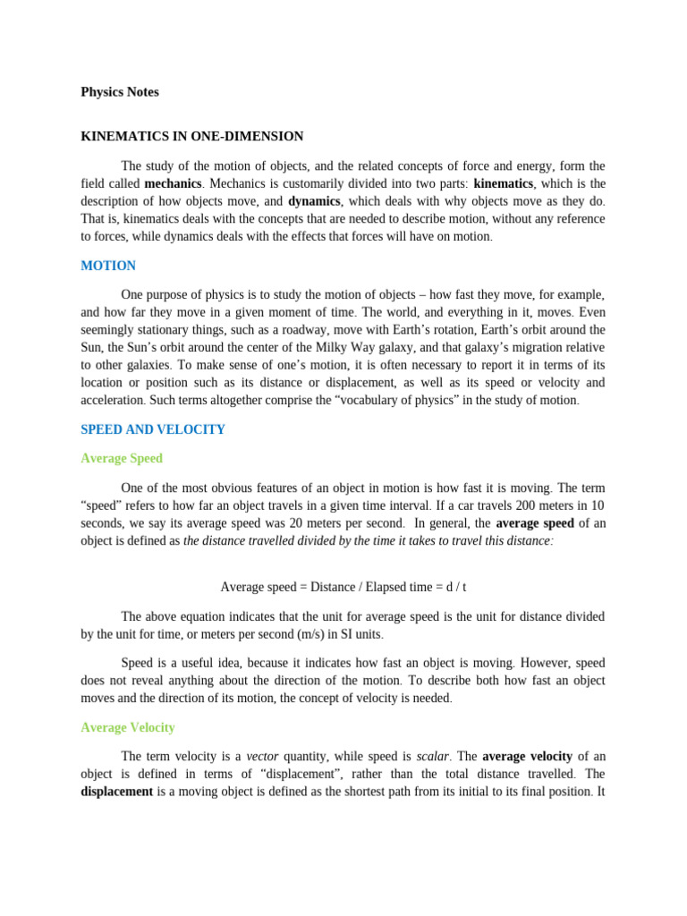 One-Dimensional Kinematics Overview | PDF | Velocity | Acceleration