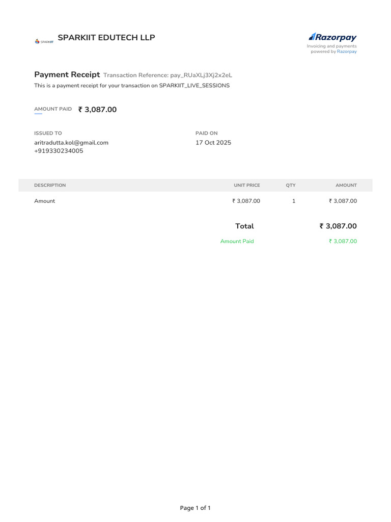 Receipt Pay - Ruaxlj3xj2x2el From Sparkiit Edutech LLP (Paid) PDF | PDF