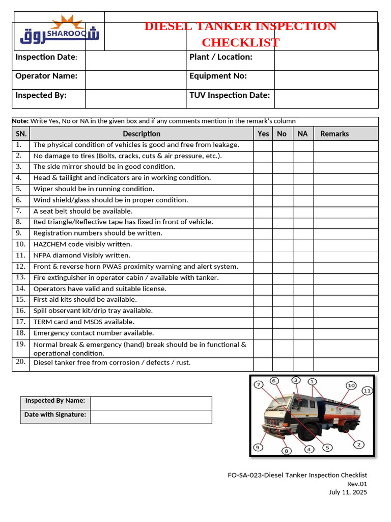 FO-SA-023 - Diesel Tanker Inspection Checklist | PDF
