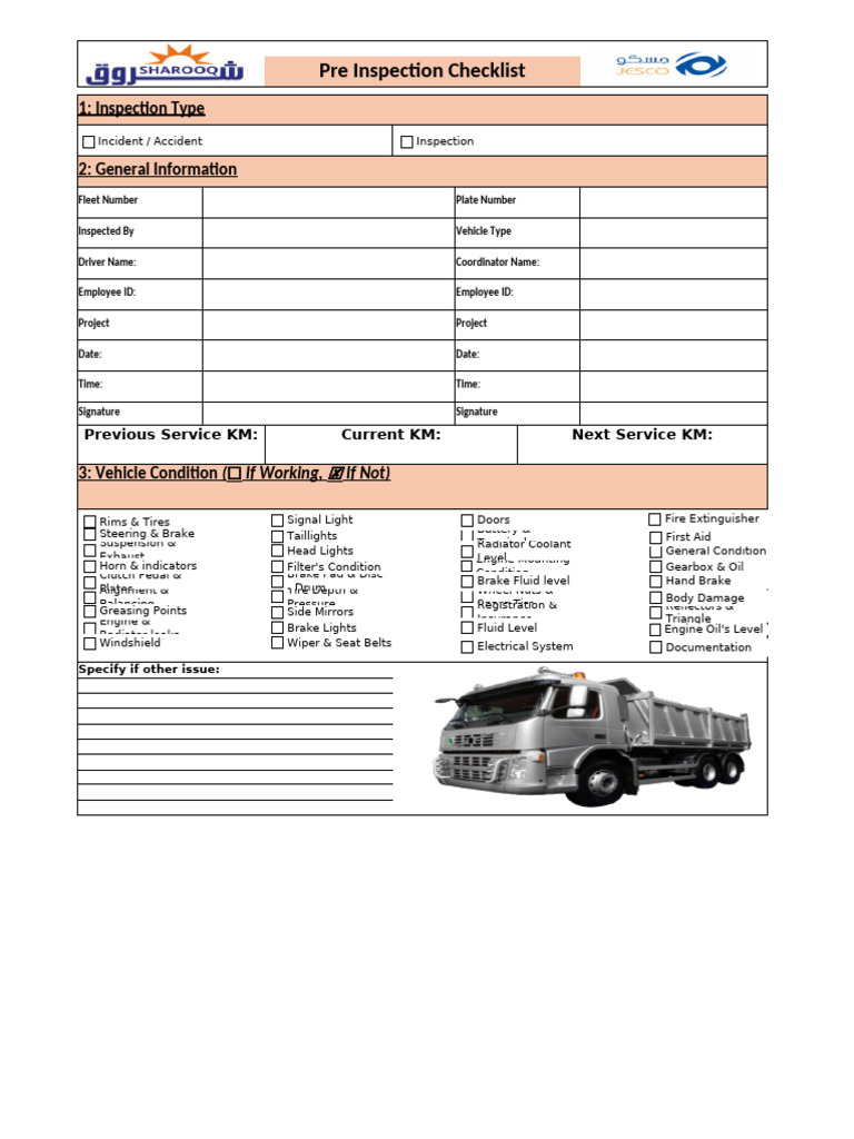 Pre Inspection Checklist Overview | PDF | Brake | Vehicles