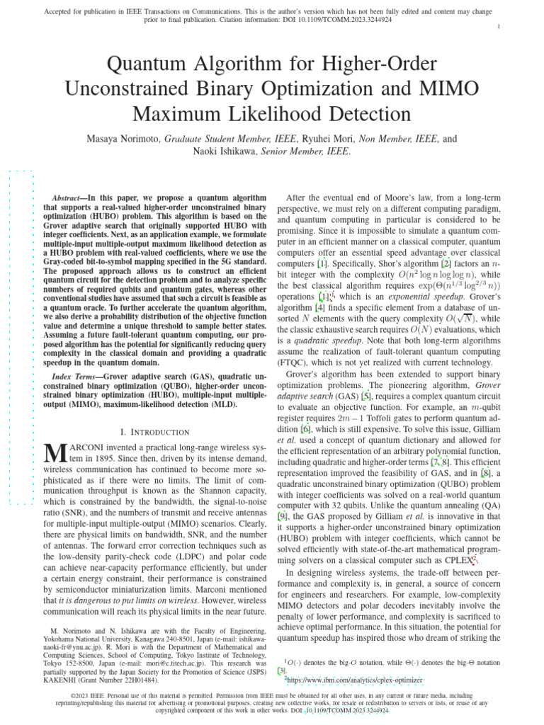 Quantum Algorithm for Higher-Order Unconstrained Binary Optimization and MIMO Maximum Likelihood ...