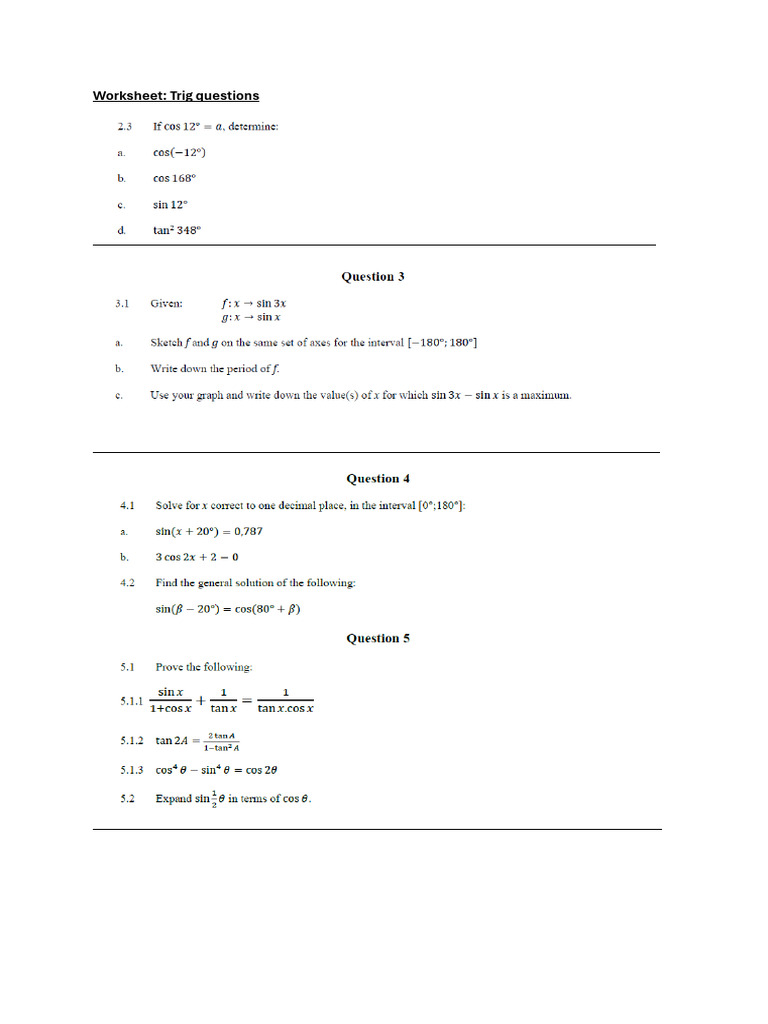 Trig Worksheet | PDF