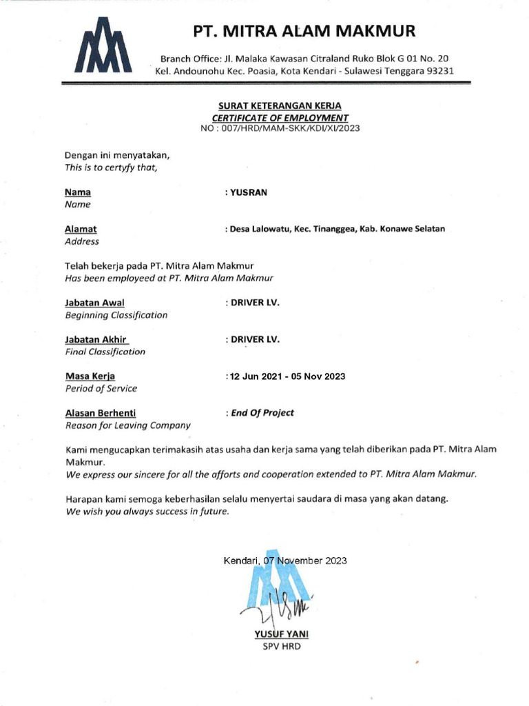 Parklaring Yusran | PDF