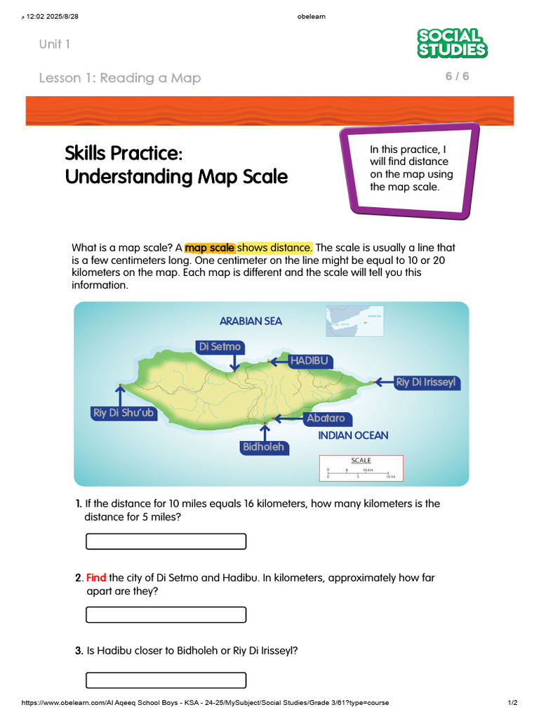 Skills Practice: Understanding Map Scale: Lesson 1: Reading A Map | PDF ...