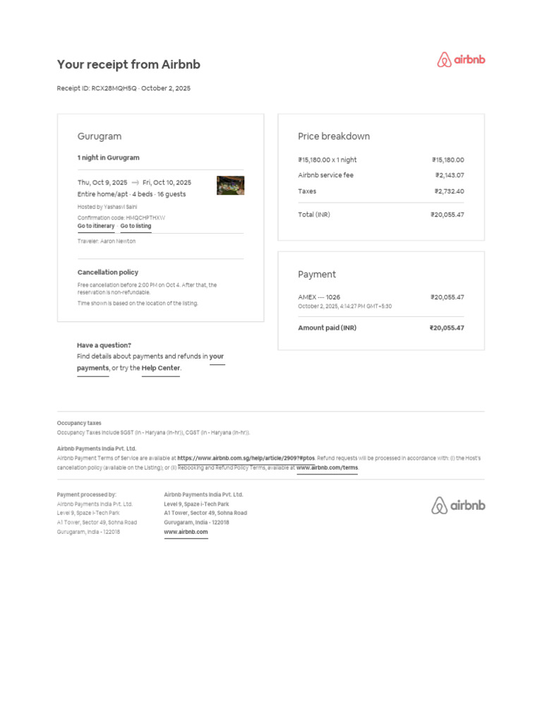 Airbnb Invoice | PDF | Payments | Business